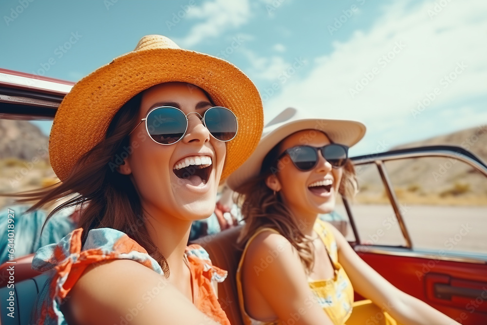 adult women in the car on a road trip or in the car in the summer for a ...