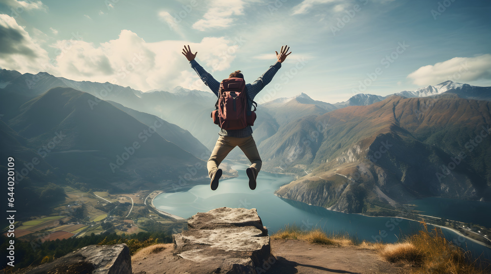Happy man with backpack jumping on top of the mountain peak with legs ...