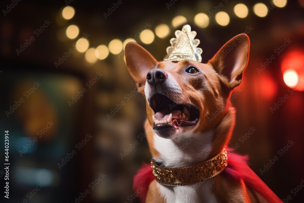 Medium shot portrait photography of a funny basenji dog pointing ...