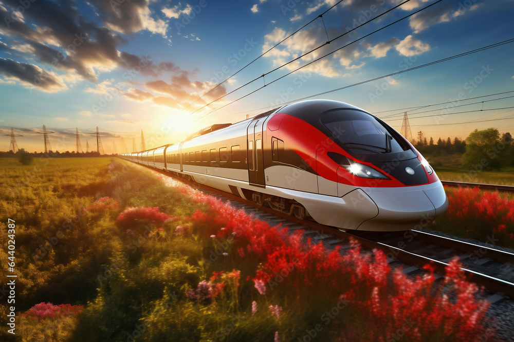 A modern high-speed train moves along the railway tracks against the ...