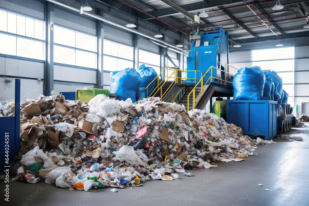 Waste sorting plant. Many different conveyors and bins. conveyors ...