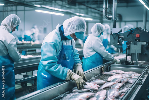Fish processing plant. Production Line. People sort the fish moving ...