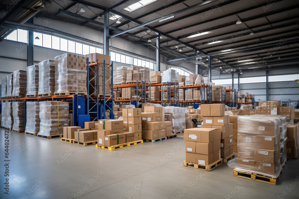 A huge warehouse filled with neatly stacked boxes. Interior of a modern ...