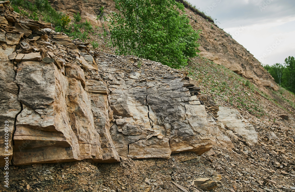 Layers of soil with groundwater. Details of earth layers in a clay pit ...