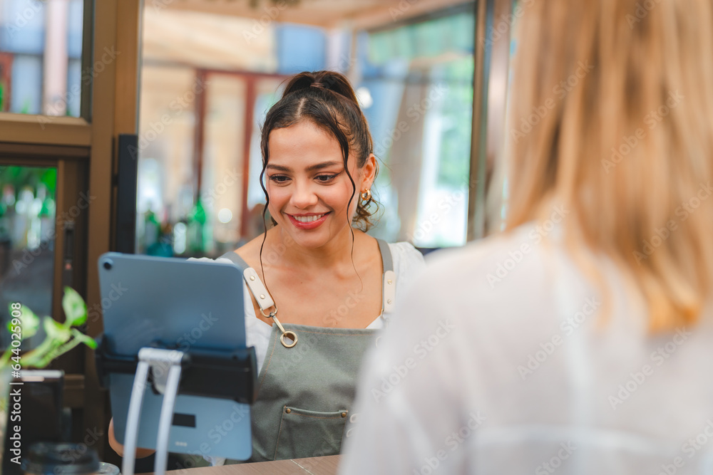 Happy smile waitress standing at restaurant, Young professional ...