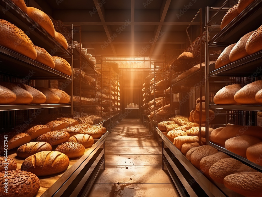 Bread bakery food factory with white bread on shelves at the ...