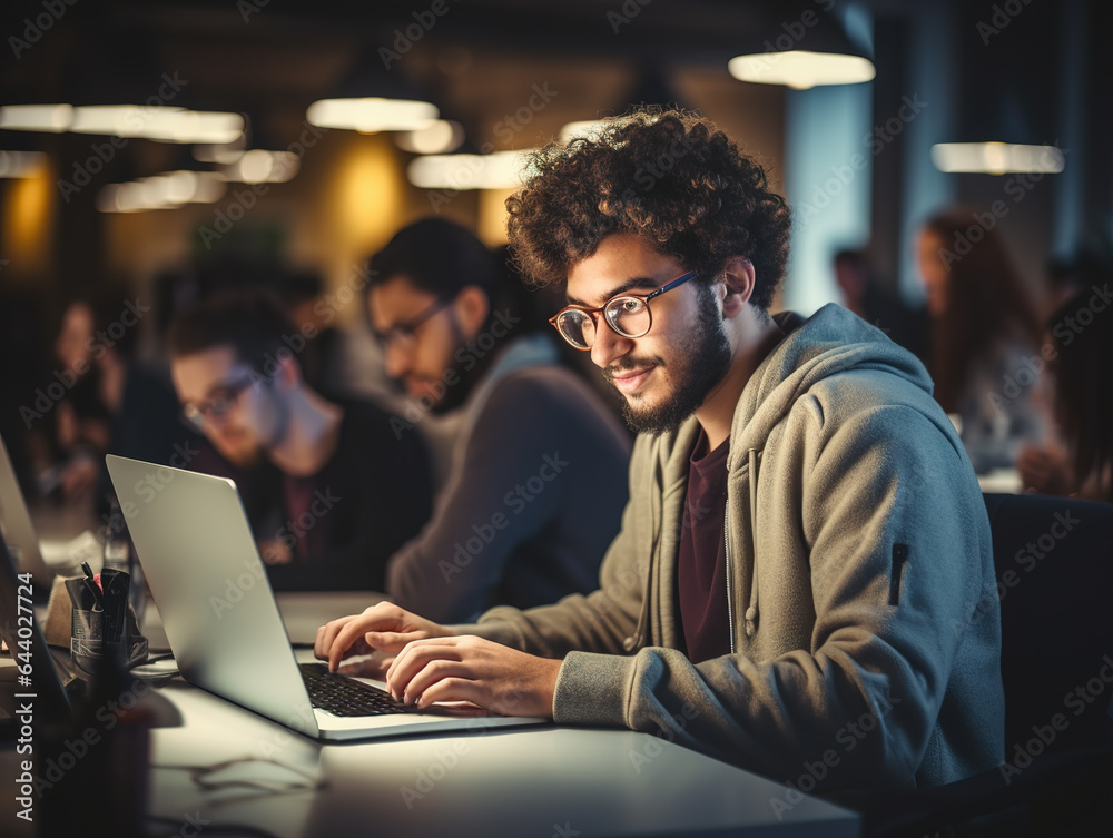 Male student using computer and applying his knowledge in writing code ...
