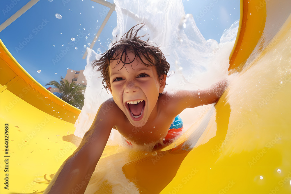 Happy boy going down the water slide in the water park, joyful children ...