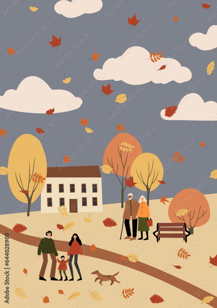 fall scene clipart, autumn poster with people at city park, fall season ...
