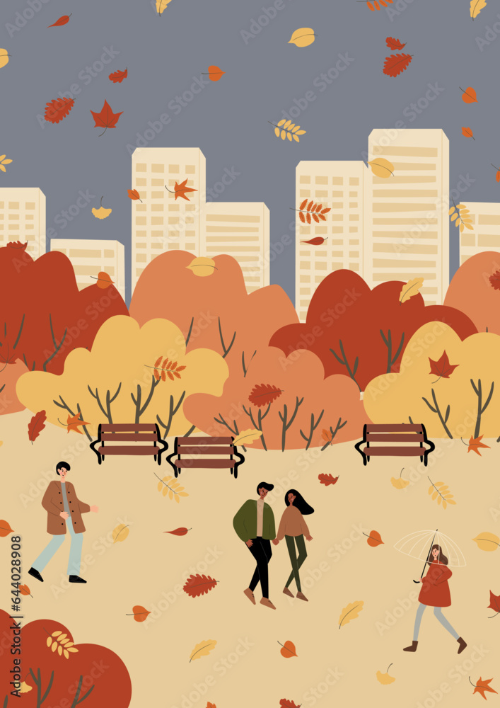 fall scene clipart, autumn poster with people at city park, fall season ...