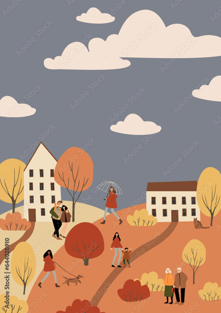 fall scene clipart, autumn poster with people at city park, fall season ...