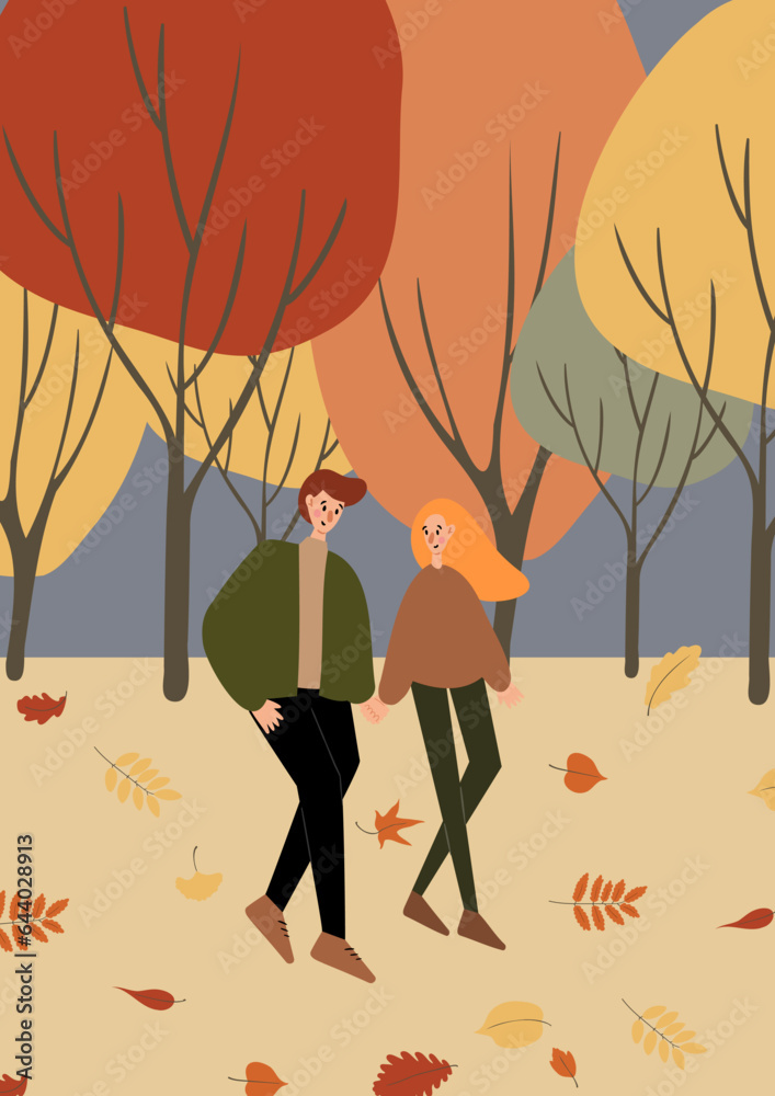 fall scene clipart, autumn poster with people at city park, fall season ...