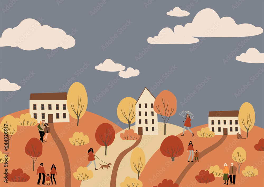fall scene clipart, autumn poster with people at city park, fall season ...