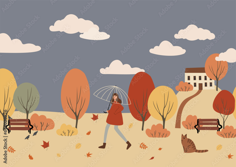 fall scene clipart, autumn poster with people at city park, fall season ...