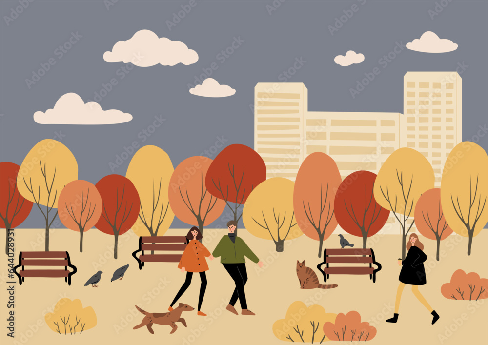 fall scene clipart, autumn poster with people at city park, fall season ...