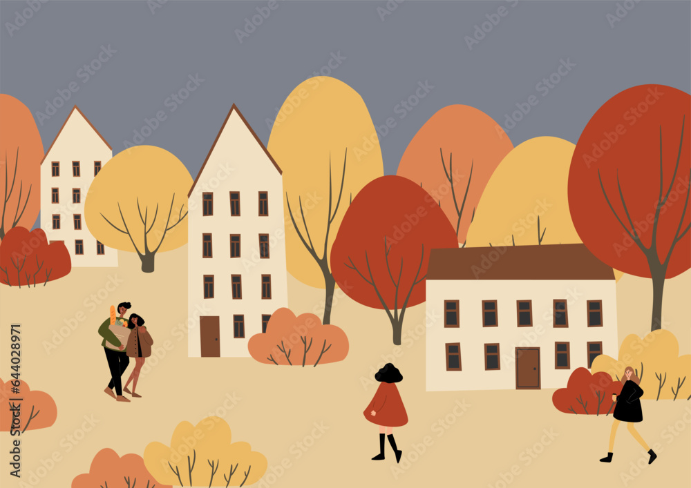 fall scene clipart, autumn poster with people at city park, fall season ...