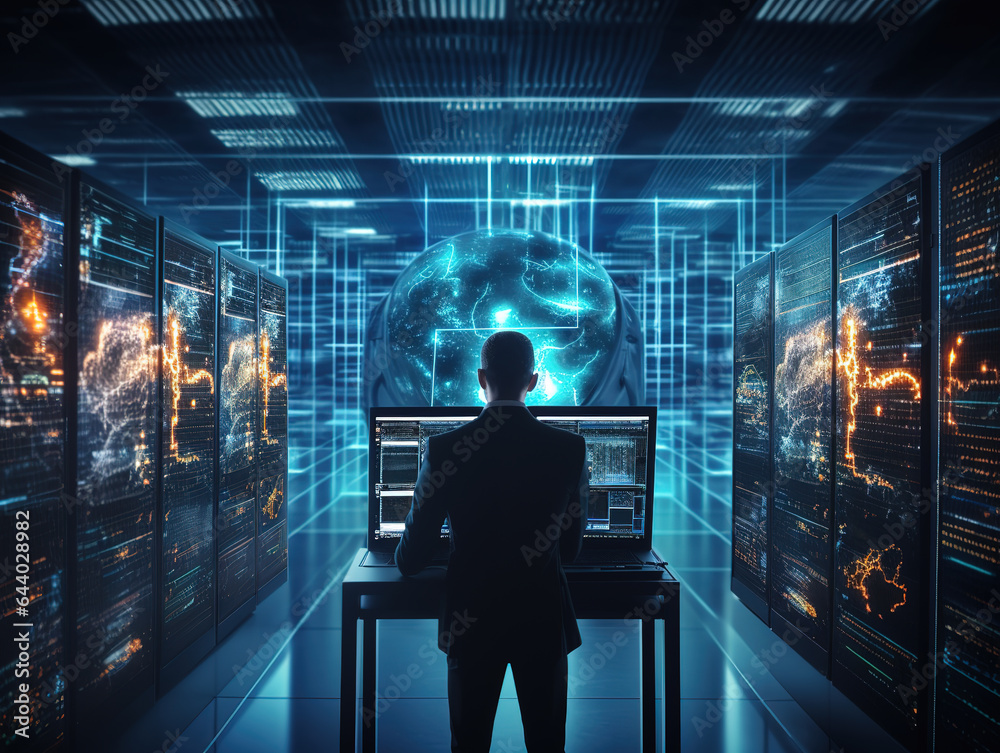 Rear view of successful data center IT specialist checking cloud ...