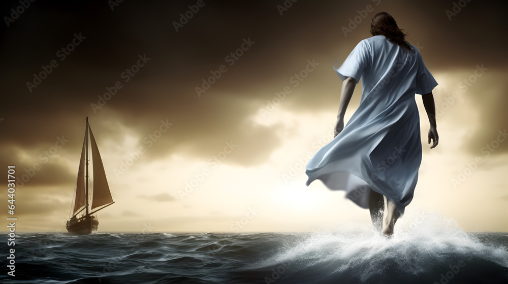 Jesus Christ walking on water across the sea towards a boat. Stock ...