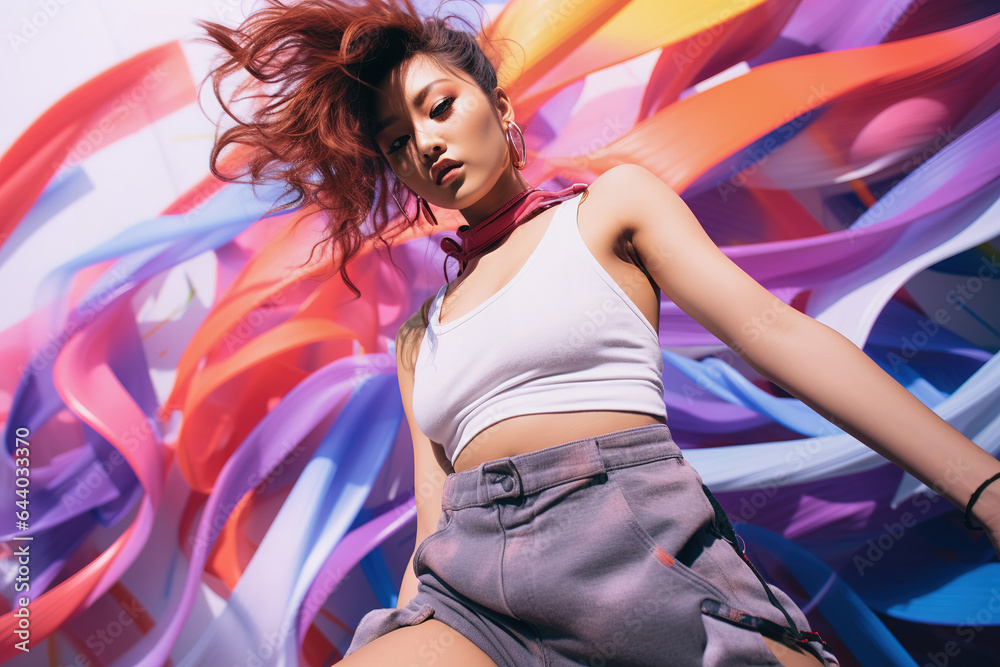 Young Gen Z Asian dancer, woman dancing in style of hip hop aesthetics ...