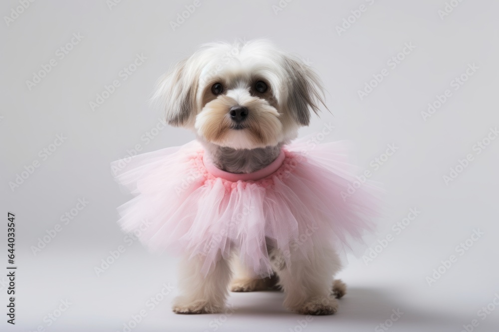 Medium shot portrait photography of a cute lowchen dog wearing a tutu ...
