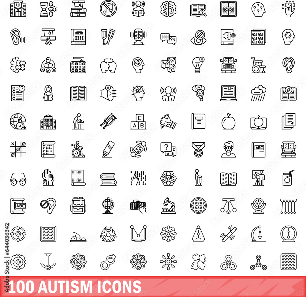 100 autism icons set. Outline illustration of 100 autism icons vector ...