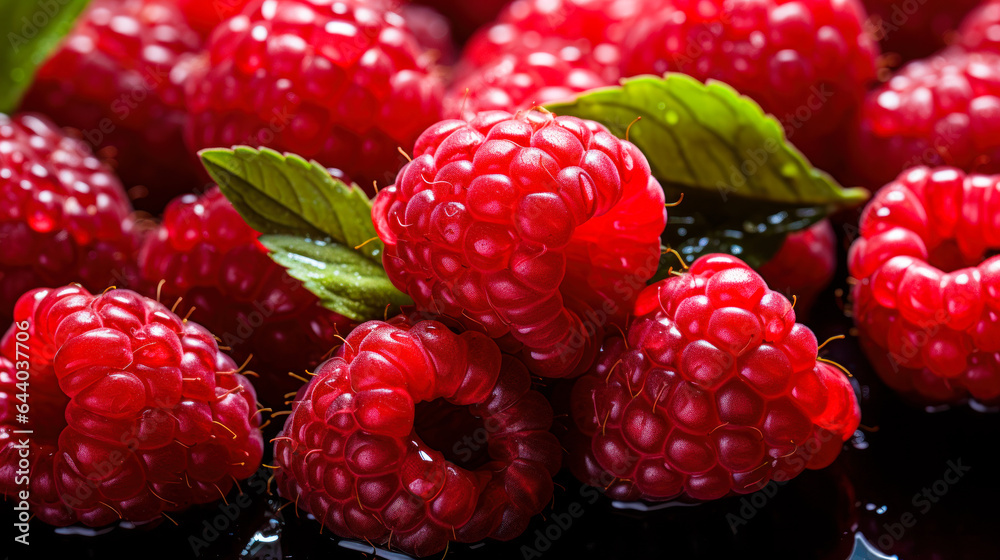 Top view of pile of fresh raspberries fruits with water spots, healthy ...