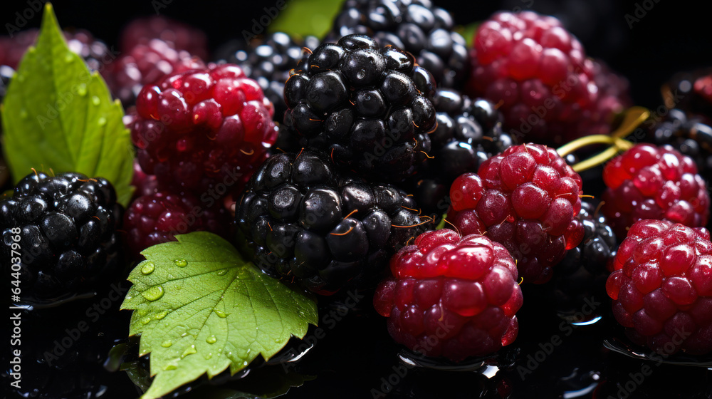 pile of fresh Mulberry fruits texture with water spots, shot from a top ...