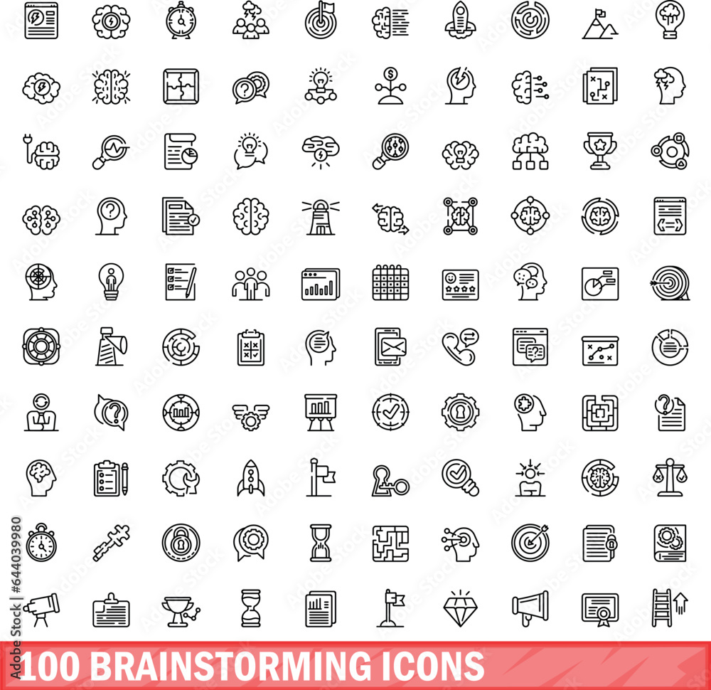 100 brainstorming icons set. Outline illustration of 100 brainstorming ...