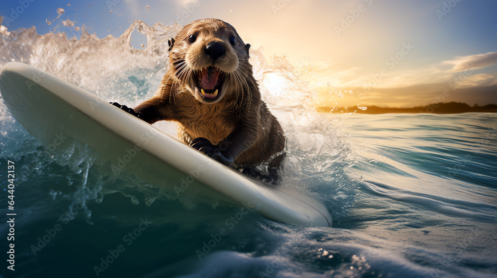 Otter on the surfboard riding surfing the ocean waves. Tropical island ...