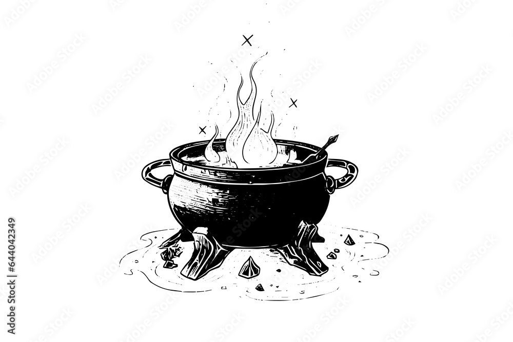 Boiling witch's cauldron hand drawn ink sketch. Engraving style vector ...