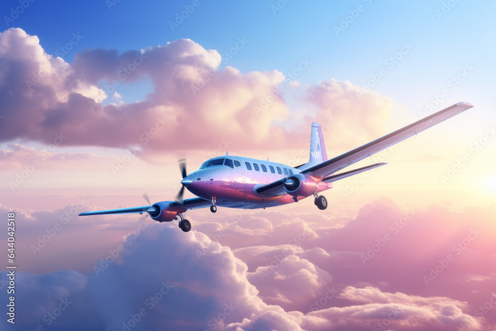 The golden age of aviation. Flight. A plane flying through a colourful ...