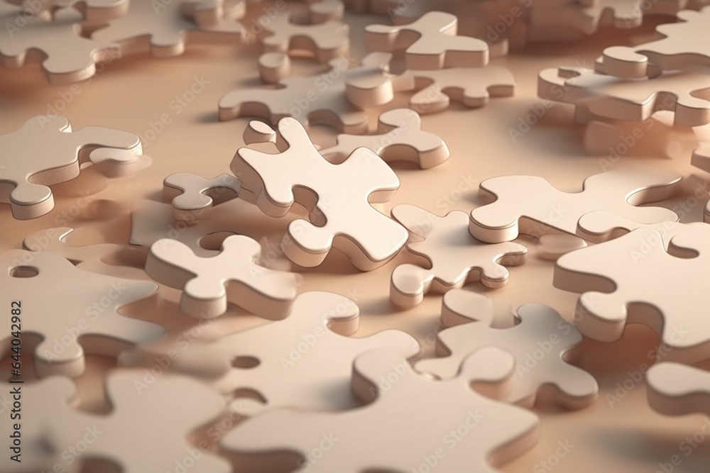 Jigsaw puzzle mockup with merging clear pieces, 3D rendering. Toy ...