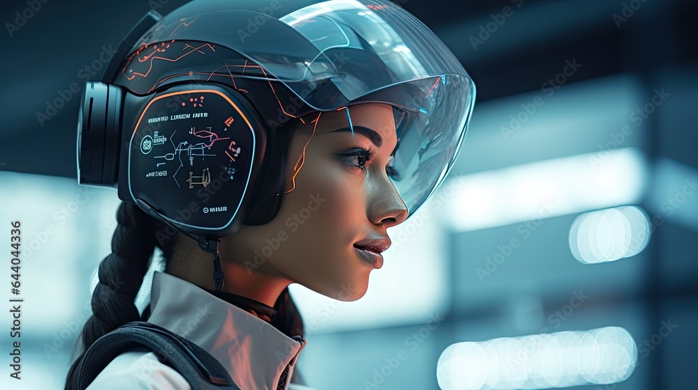 Model showcasing a futuristic headgear with a visor, set in a digital ...