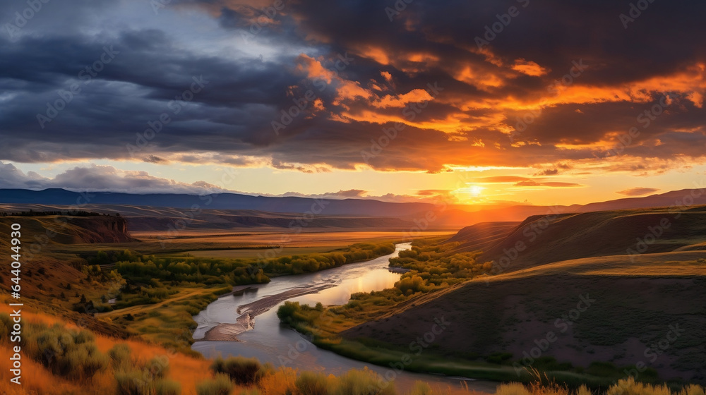 a breathtaking photo of a majestic sunrise over a serene landscape ...
