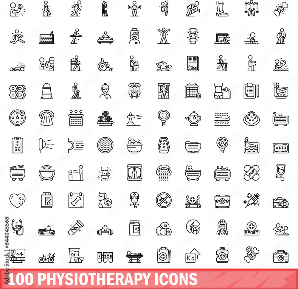 100 physiotherapy icons set. Outline illustration of 100 physiotherapy ...