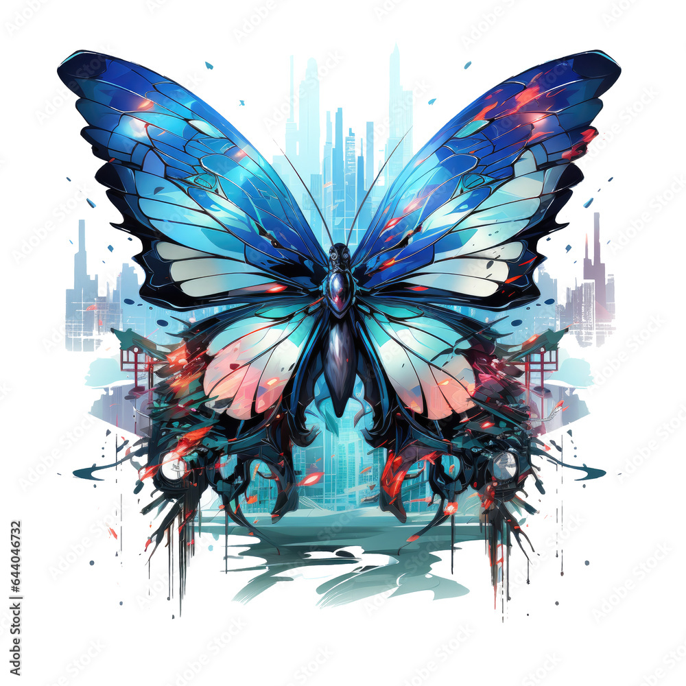 A futuristic sci-fi English Butterfly t-shirt design with a ...