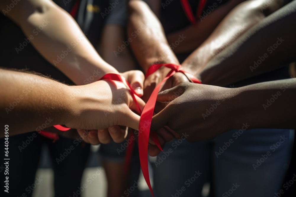 A group of people holding hands in a circle close up, with red ribbons ...