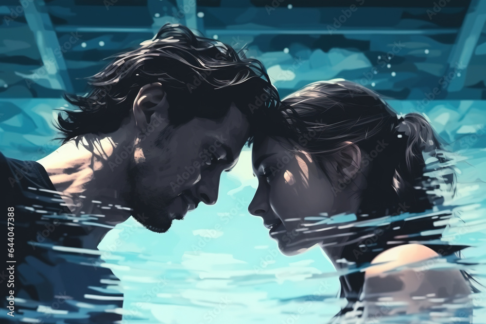 in swimming pool man and woman together, asian and caucasian, in love ...