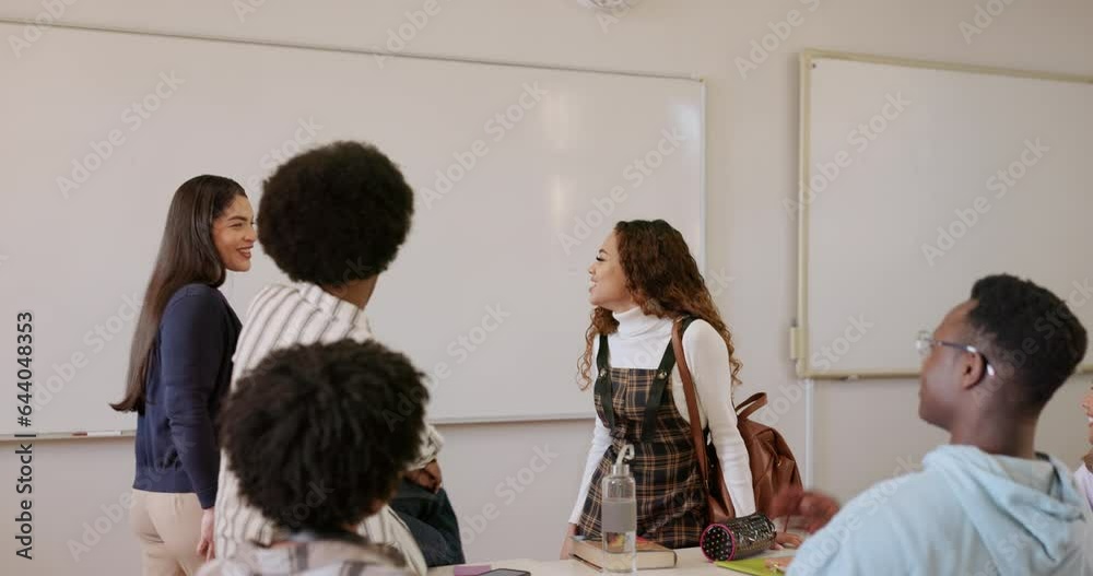 University students, greeting and class with conversation ...