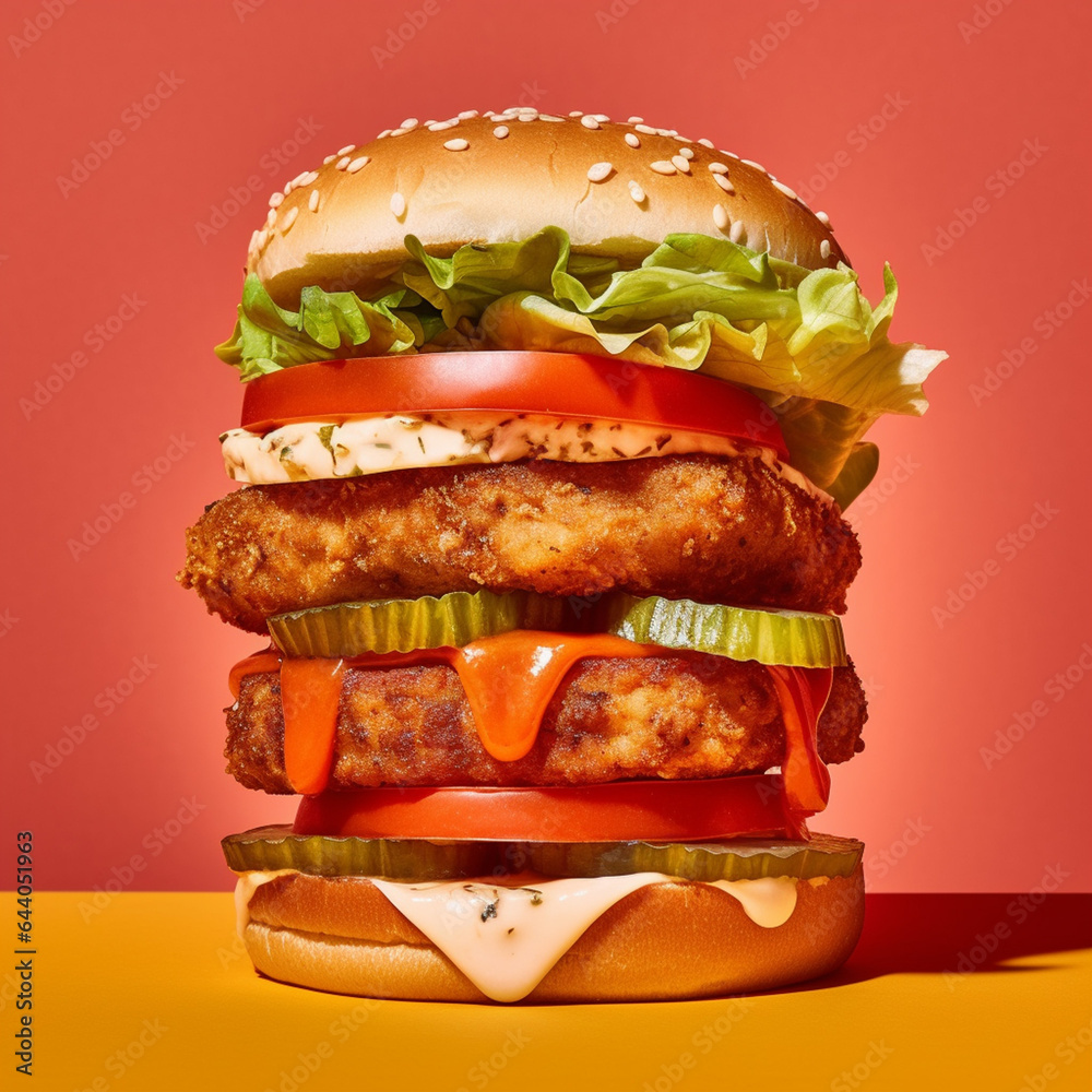 Chicken burger, a chicken burger with sauce. BBQ sauce, double-stack ...