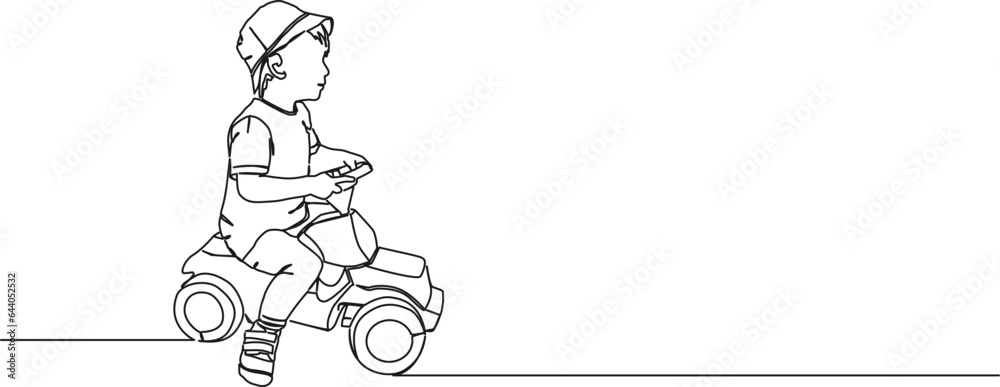 continuous single line drawing of toddler on toy car, line art vector ...