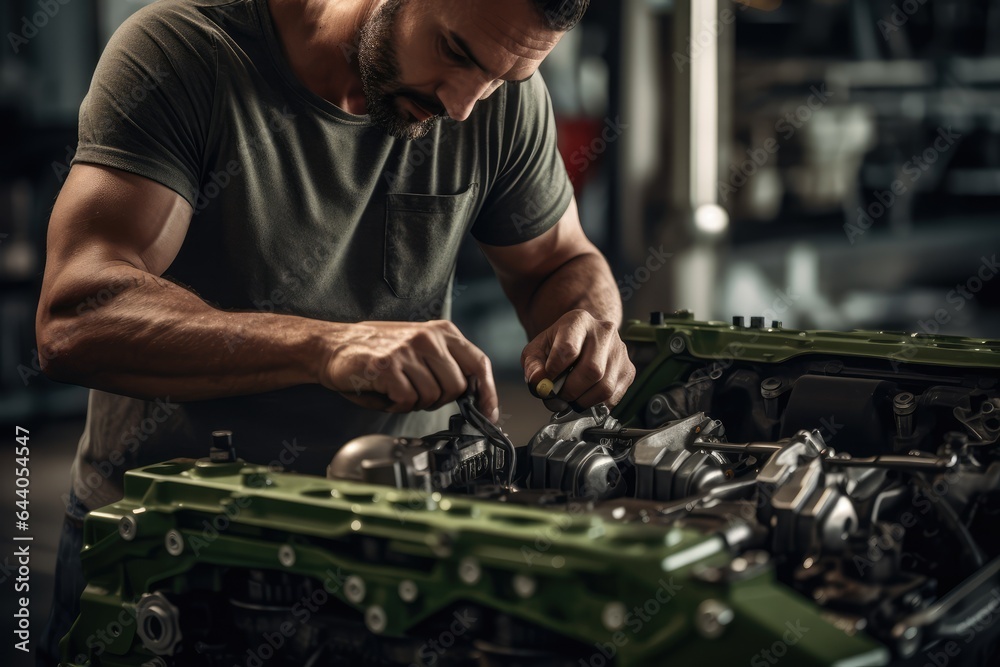 Man fixing a car engine in a garage, soft focus - Problem solving and ...