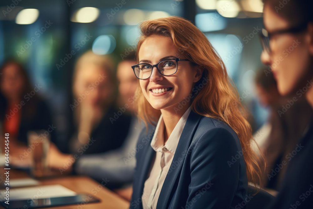 Female executive leading a team meeting, soft focus, space for text ...