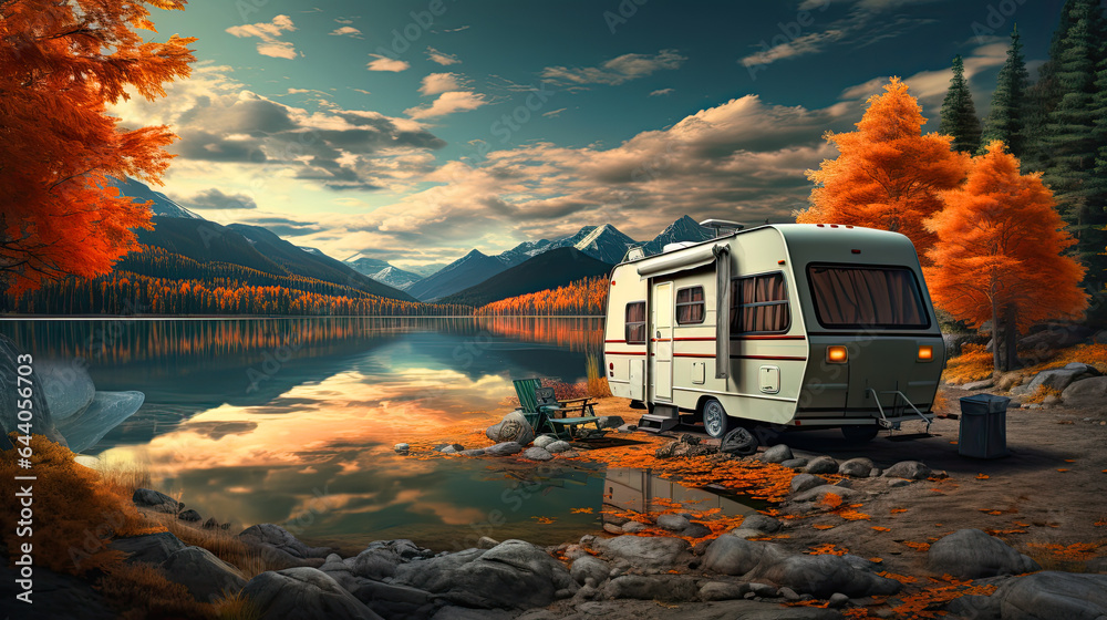 rv motorhome or trailer at lake by the shore, van life, beautiful ...