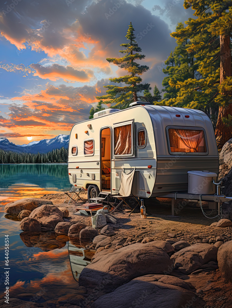 rv motorhome or trailer at lake by the shore, van life, beautiful ...