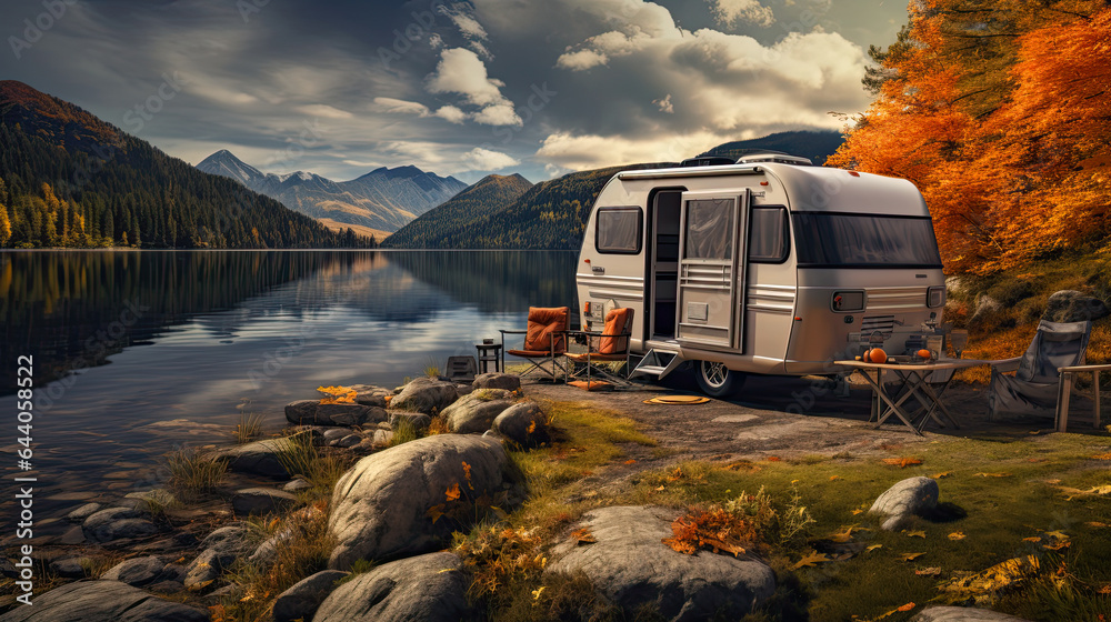 rv motorhome or trailer at lake by the shore, van life, beautiful ...