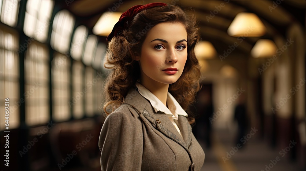 Model in a 1940s wartime outfit, set at a vintage railway station Stock ...