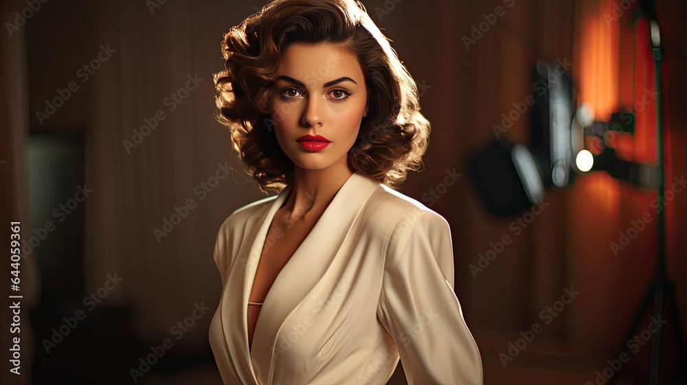 Model with a classic Hollywood glamour look, set in a studio resembling ...