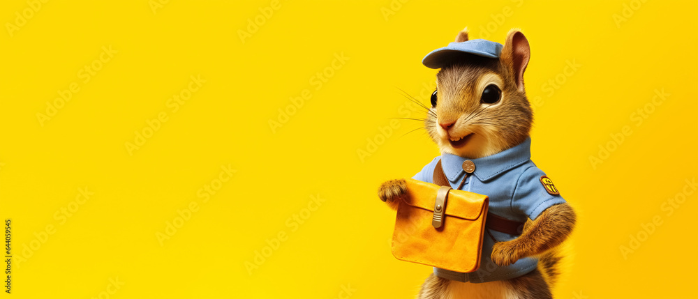 Squirrel postman over yellow background, panoramic layout. Generative ...