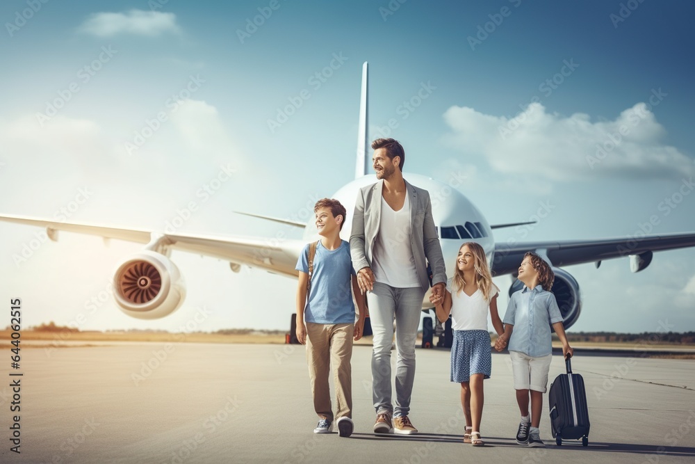 A family with a son and daughter happily travels on a big plane for a ...